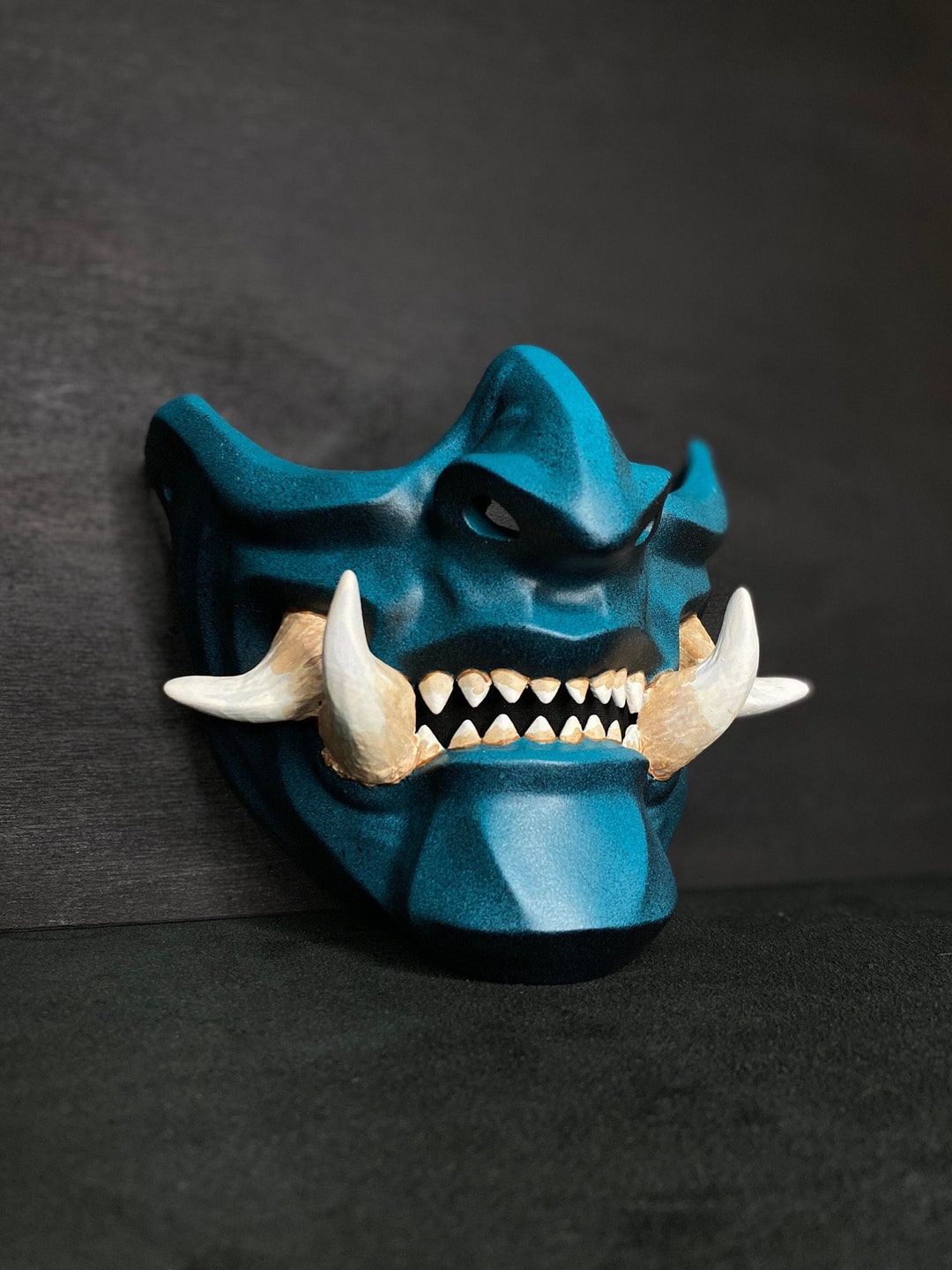 Blue Oni Half Face Wearable Mempo Mask, Japanese Samurai Cosplay Black ...