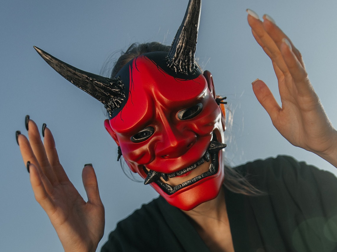 Red Hannya Mask, Japanese Hannya Mask Wear, Red and Gold Oni Mask ...