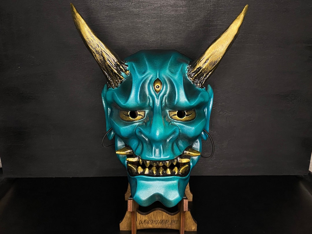 Japanese Oni Mask: Gold and Teal, Wearable Japanese Hannya Mask ...