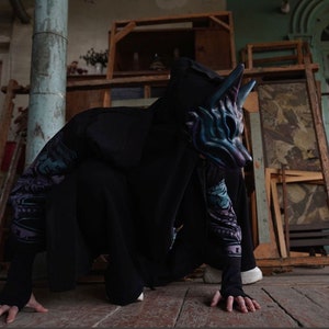 Japanese Kitsune Mask - Purple and Blue Wolf Mask Wearable, Japan Fox ...