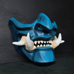 Blue Oni Half Face Wearable Mempo Mask, Japanese Samurai Cosplay Black ...