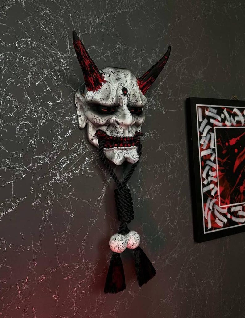 Black and White Oni Mask With Rope, Wall Decor Oni Mask With Rope ...