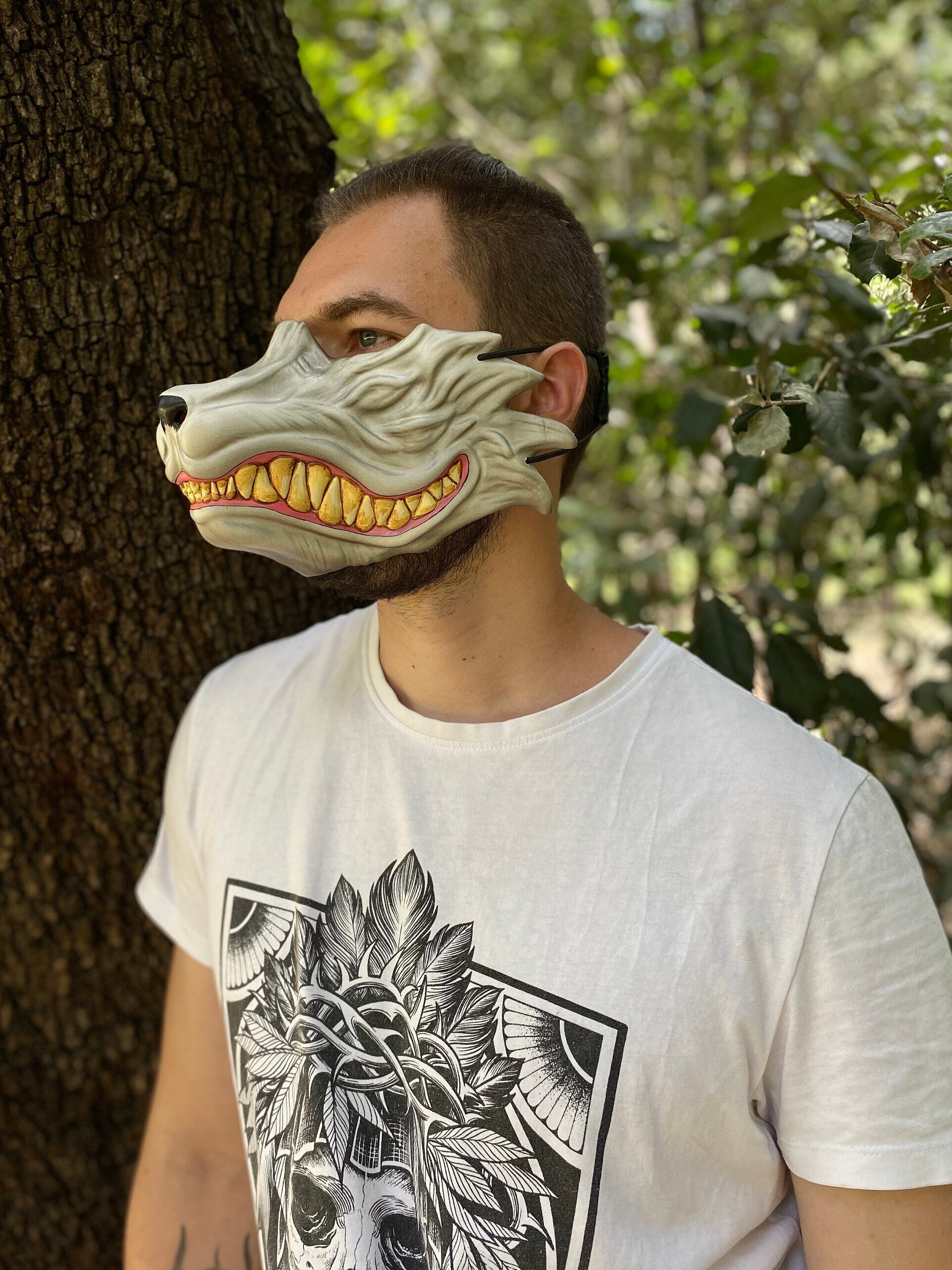 Oni Wolf mask: White Kitsune Half Face Mask Wearable Samurai - Etsy 日本