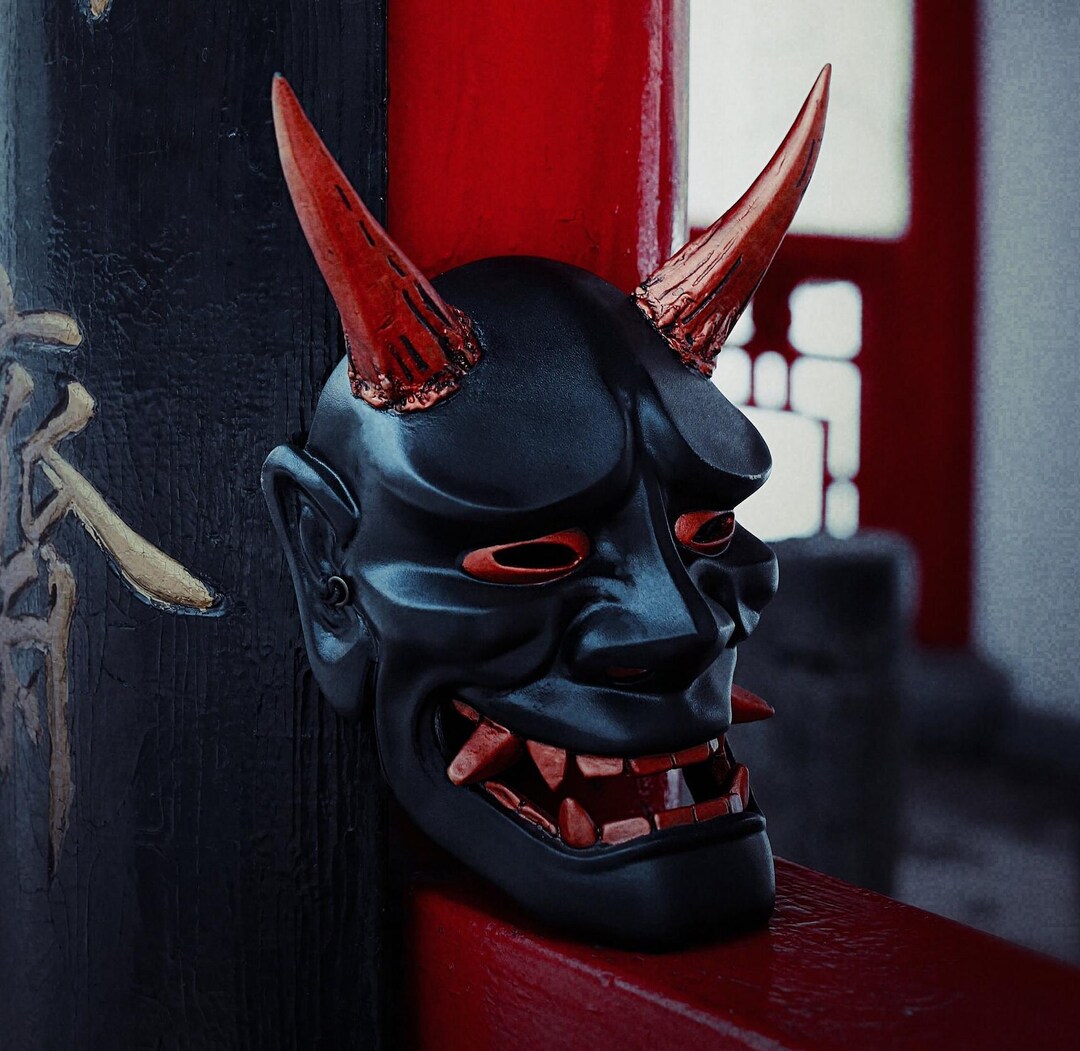 Japanese Black Hannya Mask, Samurai Mask, Black Demon Mask, Kabuki Mask ...