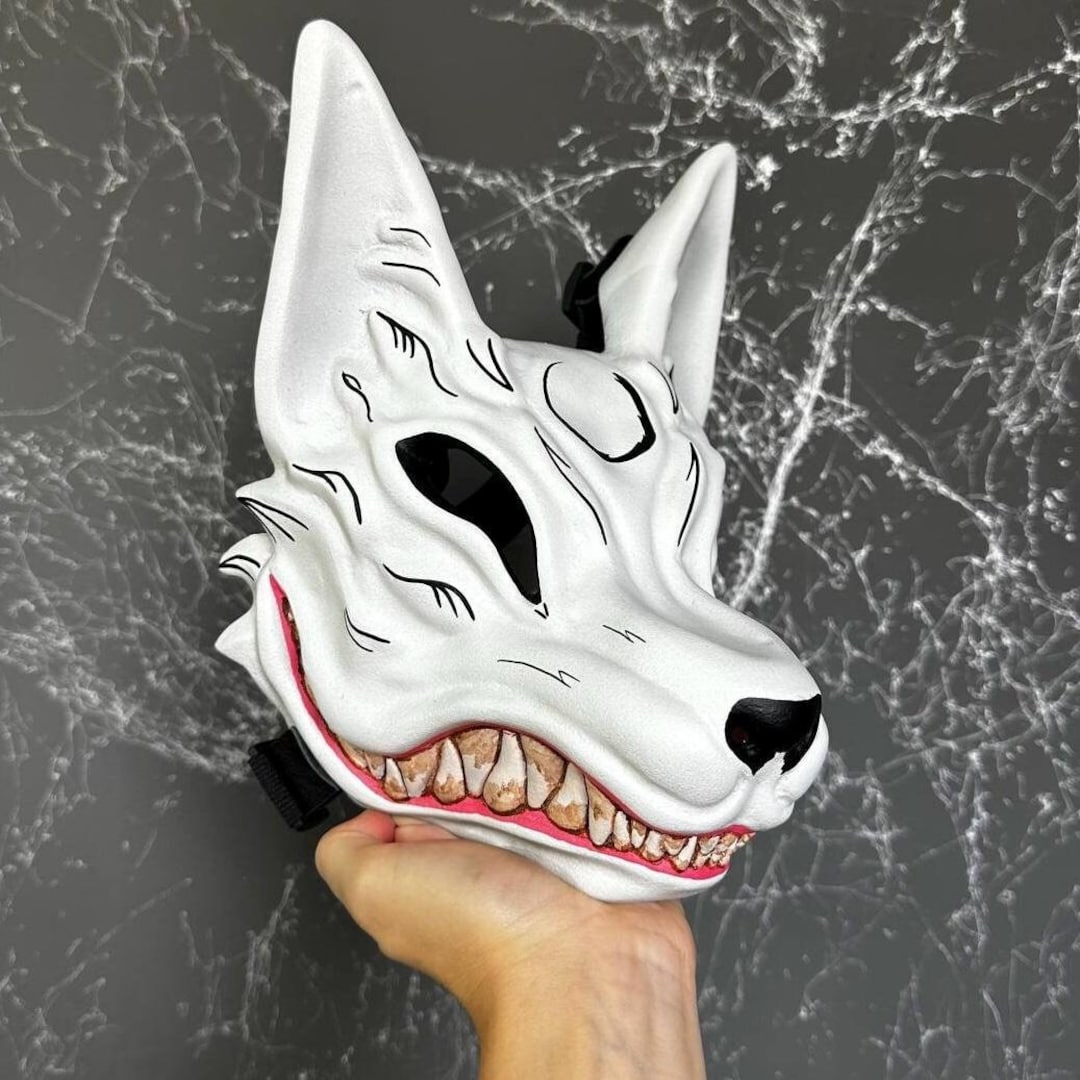 Japanese Kitsune Mask Black and White, Full Face Kitsune Mask, Japanese ...