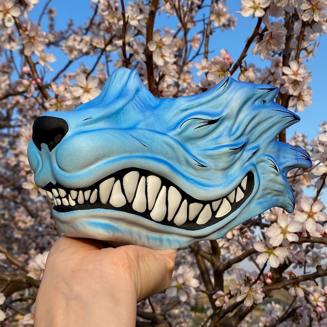 Japanese Kitsune Half Mask, Blue Wolf Oni Half Mask, Japanese Kitsune ...