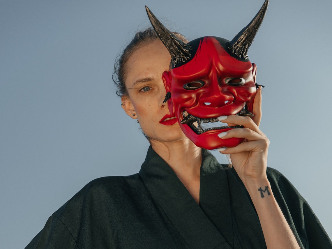 Red Hannya Mask, Japanese Hannya Mask Wear, Red and Gold Oni Mask ...