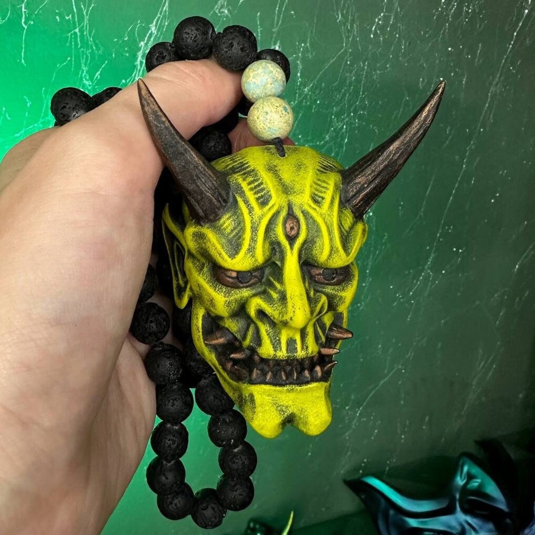 Japanese Oni Mask Necklace, Small Japanese Oni Mask With Beads ...