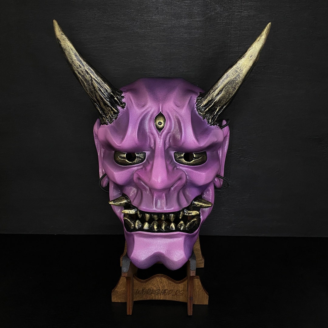 Japanese Purple Oni Mask Wearable, Samurai Mask, Wall Hannya Mask, Oni Mask Wear, Kabuki Mask ...