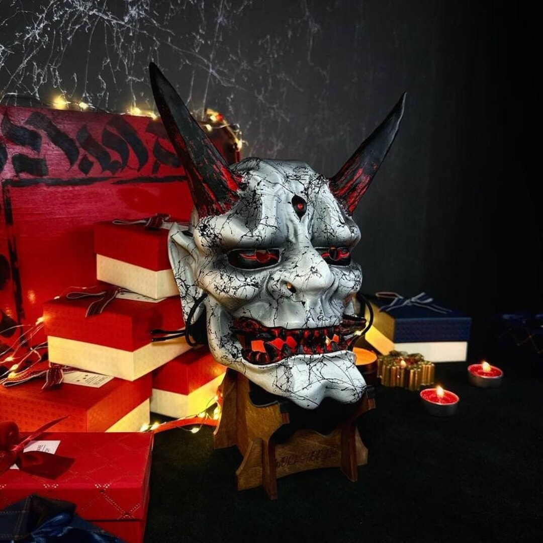 White Oni Mask Wearable, Japanese Oni Mask, Kabuki Mask, Black Noh Mask ...