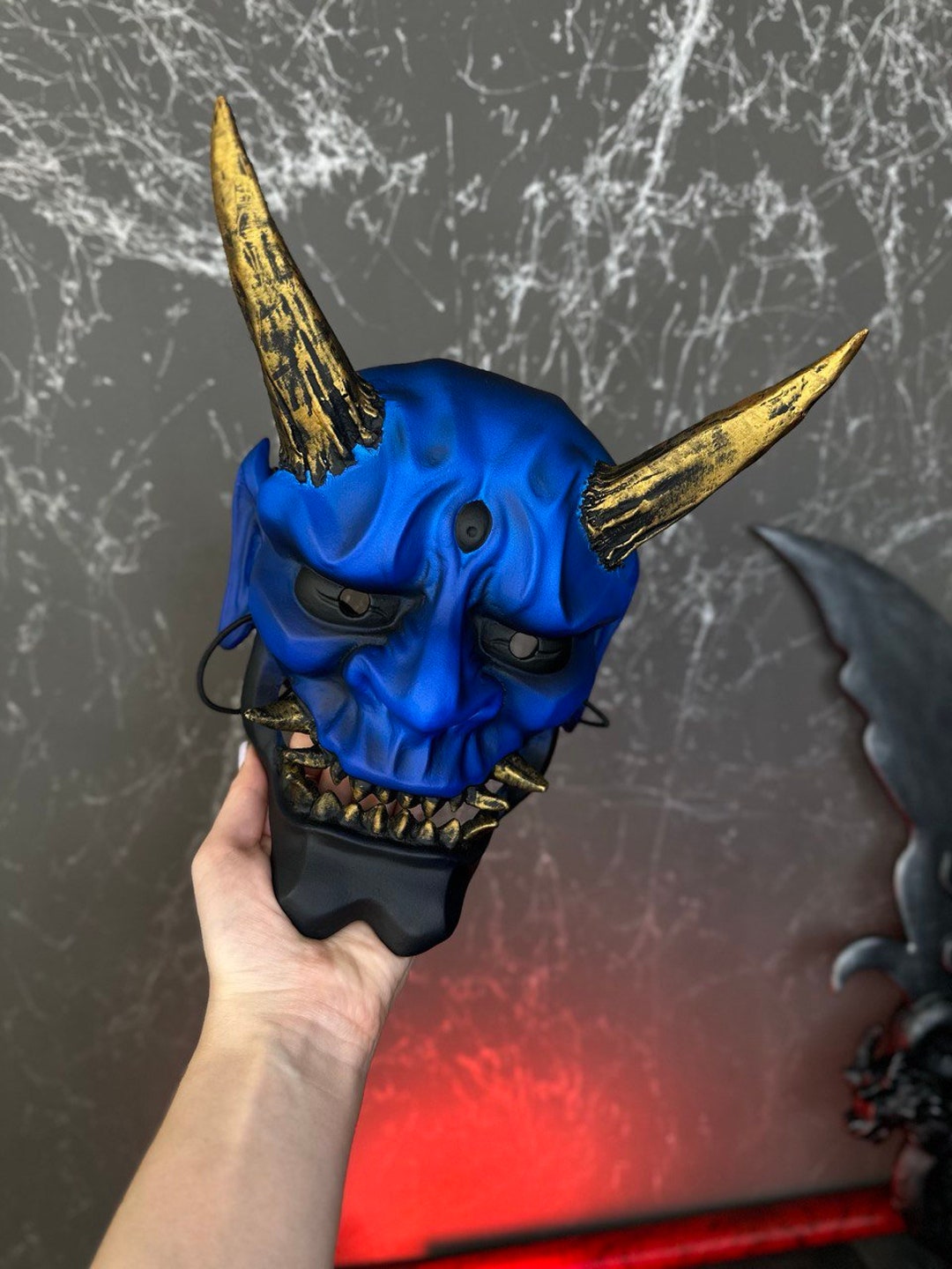 UV Glow Blue Oni Mask: Wearable Japanese Kabuki Mask, Wall Decor Devil ...