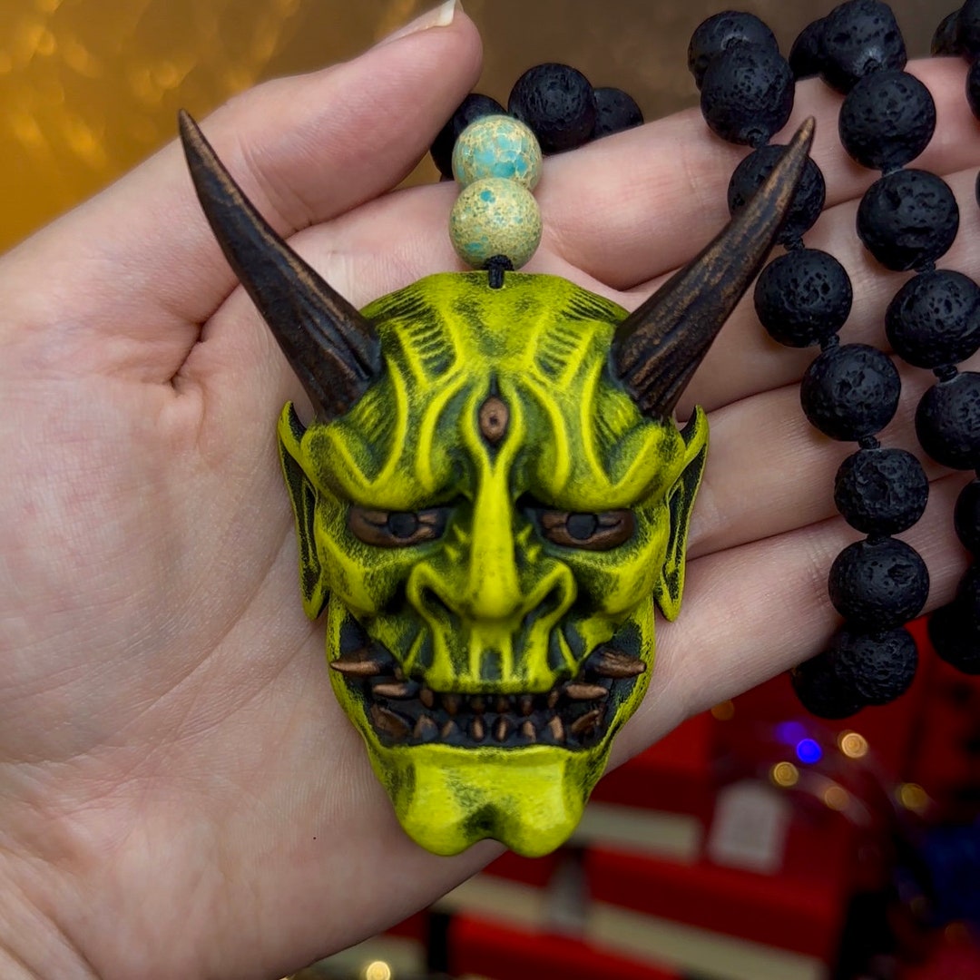 Japanese Oni Mask Necklace, Small Japanese Oni Mask With Beads ...
