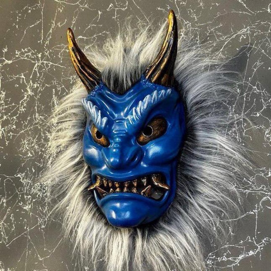 Namahage Mask With Hair — Blue & White, Japanese Oni Mask, Oni Demon ...