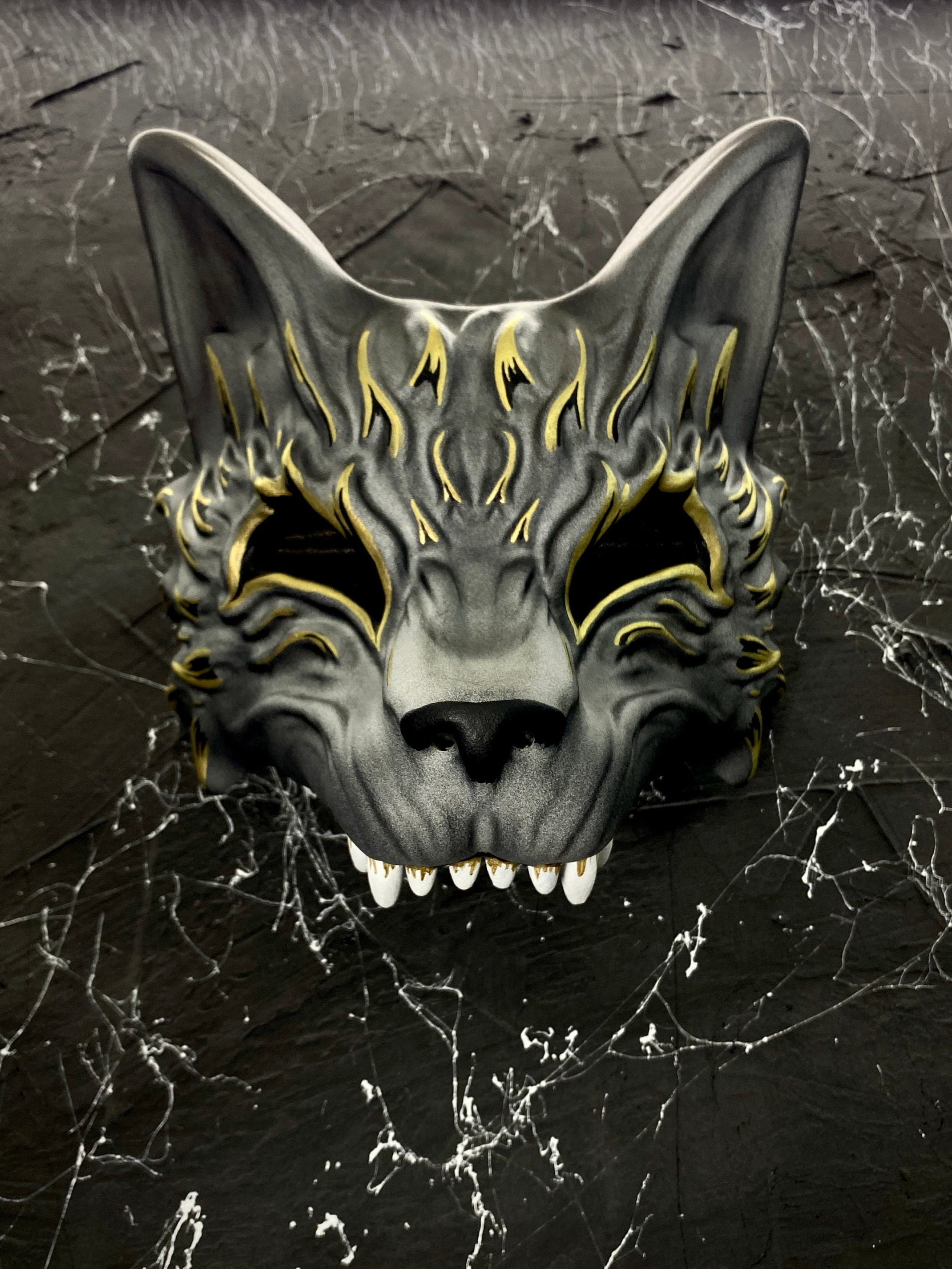Japanese Grey Kitsune Half Mask, Gold and Black Wolf Half Mask ...