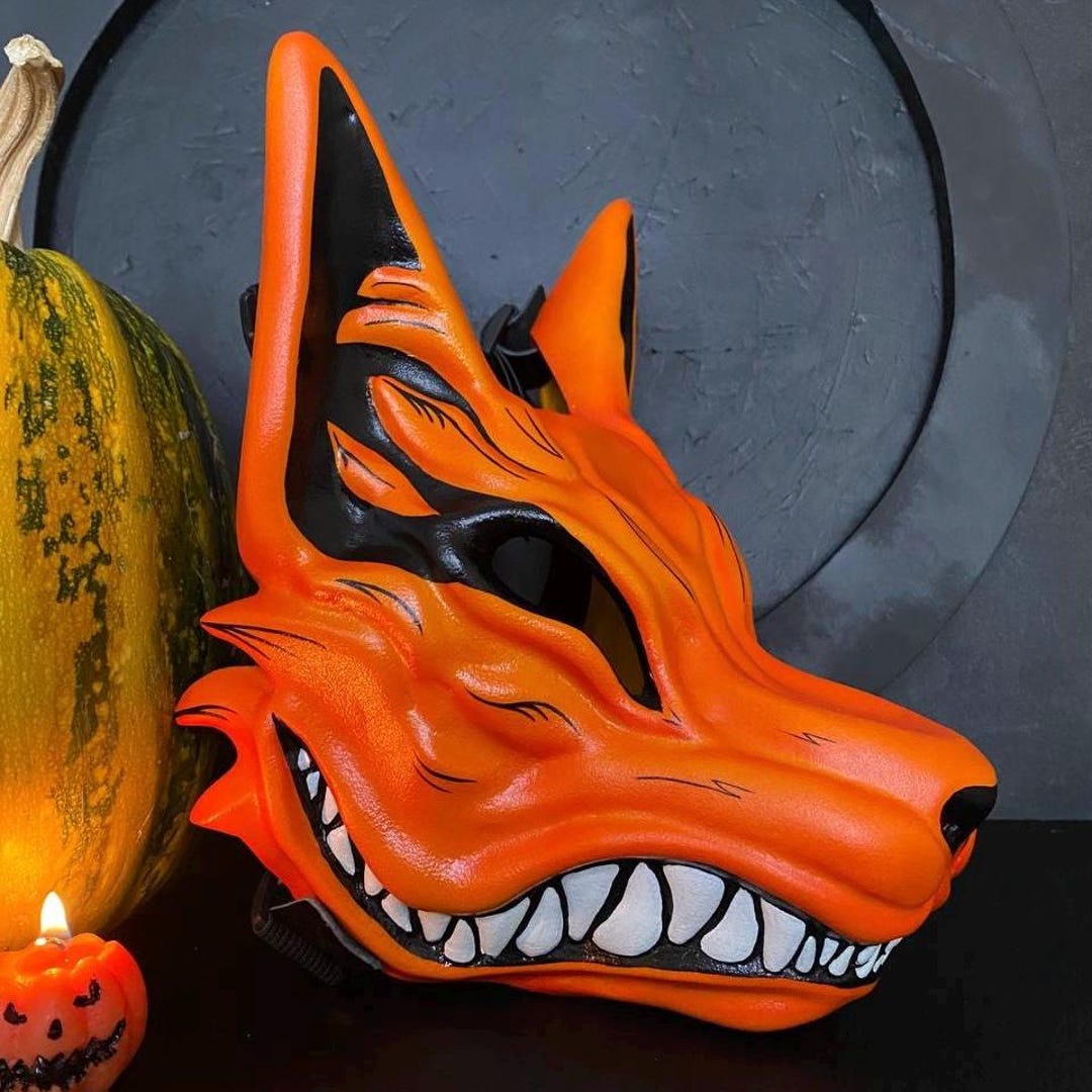 Kitsune Mask, Orange Japanese Fox Mask, the Nine Tail Fox, Anime Mask ...