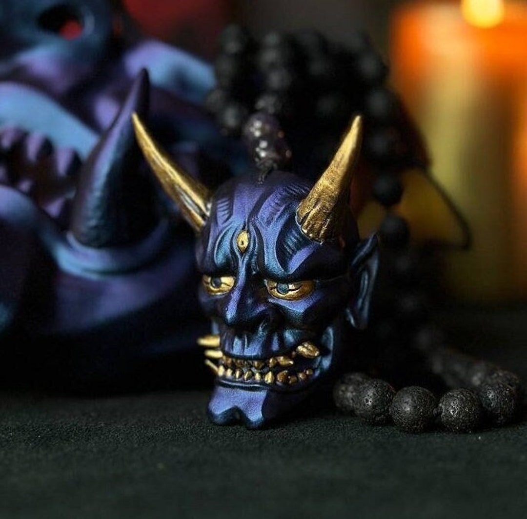 Oni Mask Necklace: Chameleon Purple Oni Mask With Beads, Japanese Devil ...