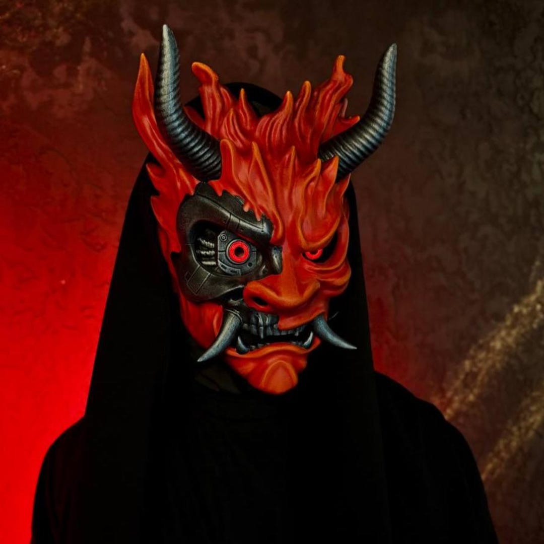 Cyberpunk Oni Demon Mask With Red LED Lights, Fiery Cyber Mask ...