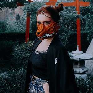 Japanese Kitsune Half Mask Wearable, Half Face Wolf Mask, the Nine Tail ...