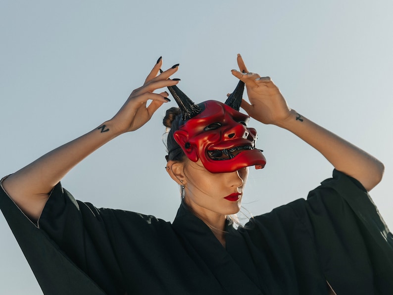 Red Hannya Mask, Japanese Hannya Mask Wear, Red and Gold Oni Mask ...