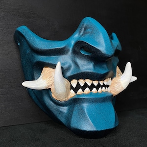Blue Oni Half Face Wearable Mempo Mask, Japanese Samurai Cosplay Black ...
