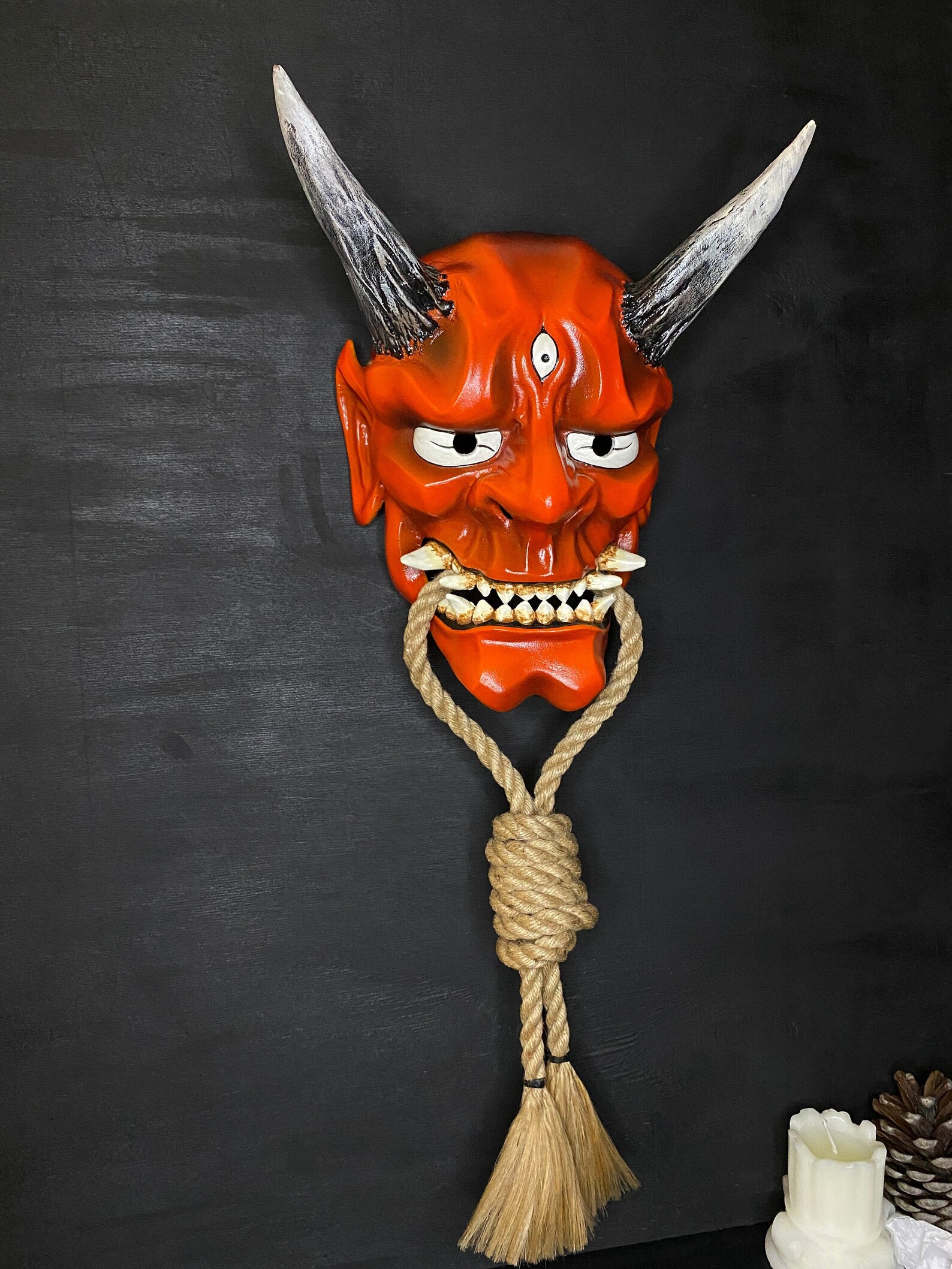 Japanese Oni Mask With Rope Red Oni Mask Decor Red Hannya - Etsy