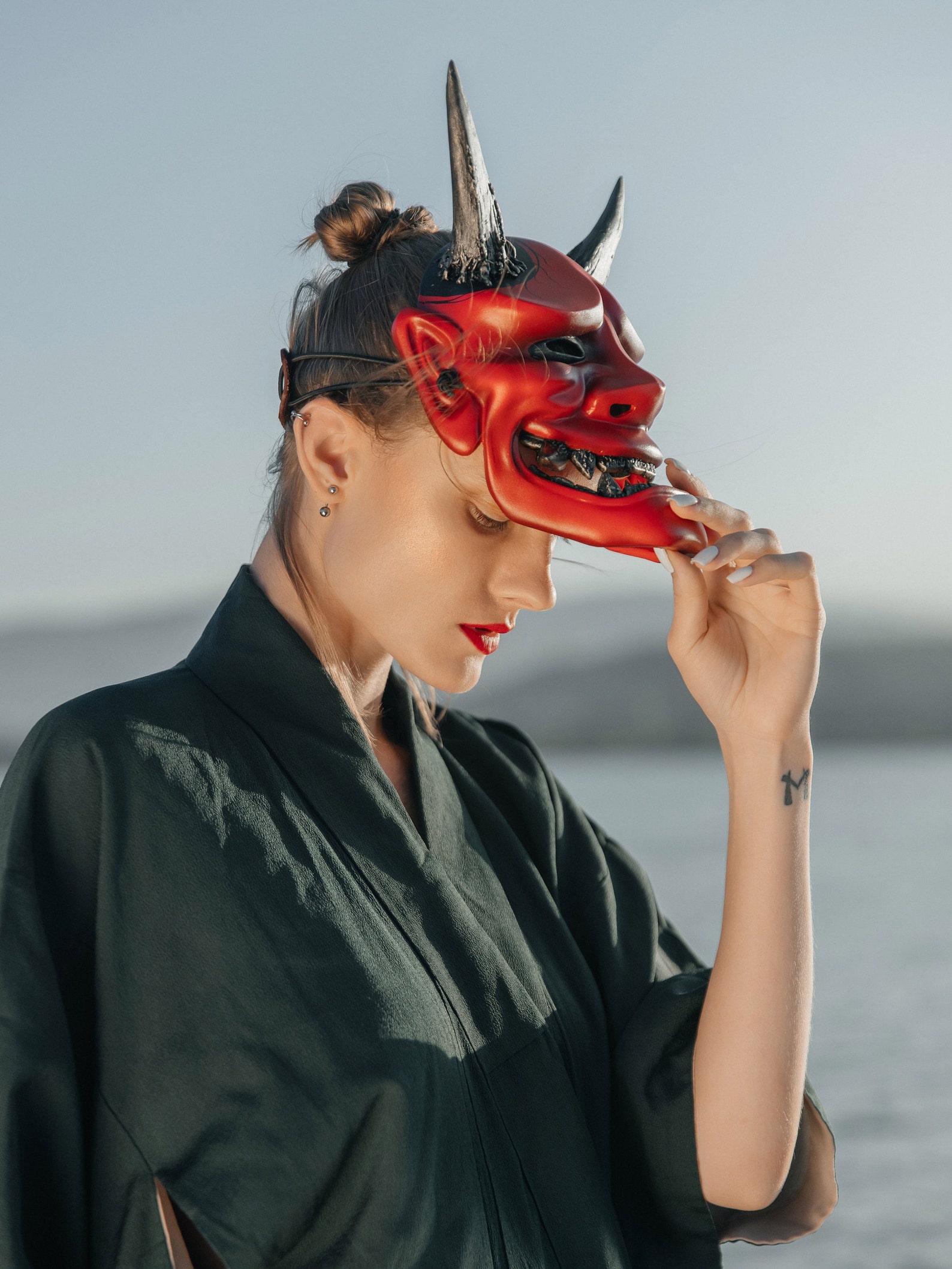 Red Hannya Mask, Japanese Hannya Mask Wear, Red and Gold Oni Mask ...