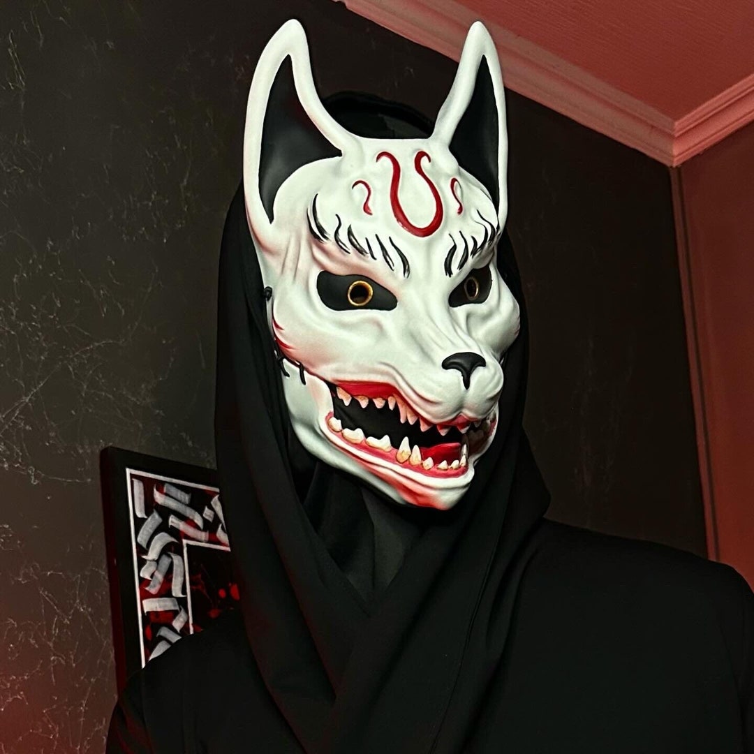 Japanese Kitsune Mask White and Red, Full Face Kitsune Mask, Japanese ...