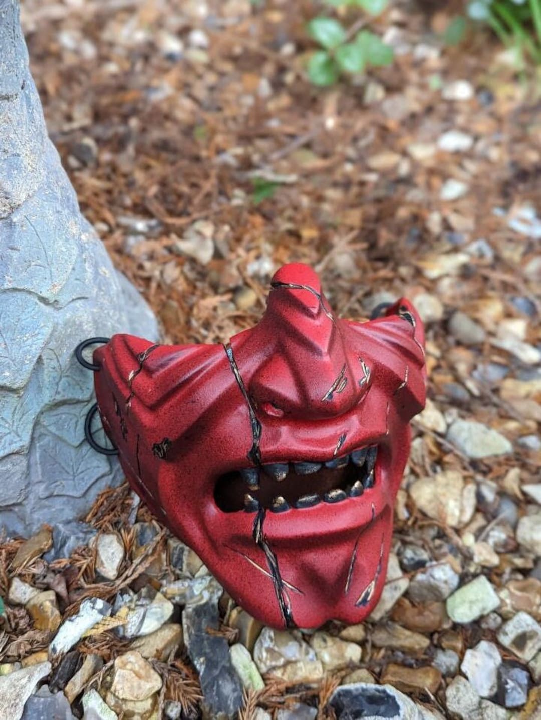 Samurai Oni Half Mask, Damaged Red Mempo Mask, Japanese Mempo, Japanese ...
