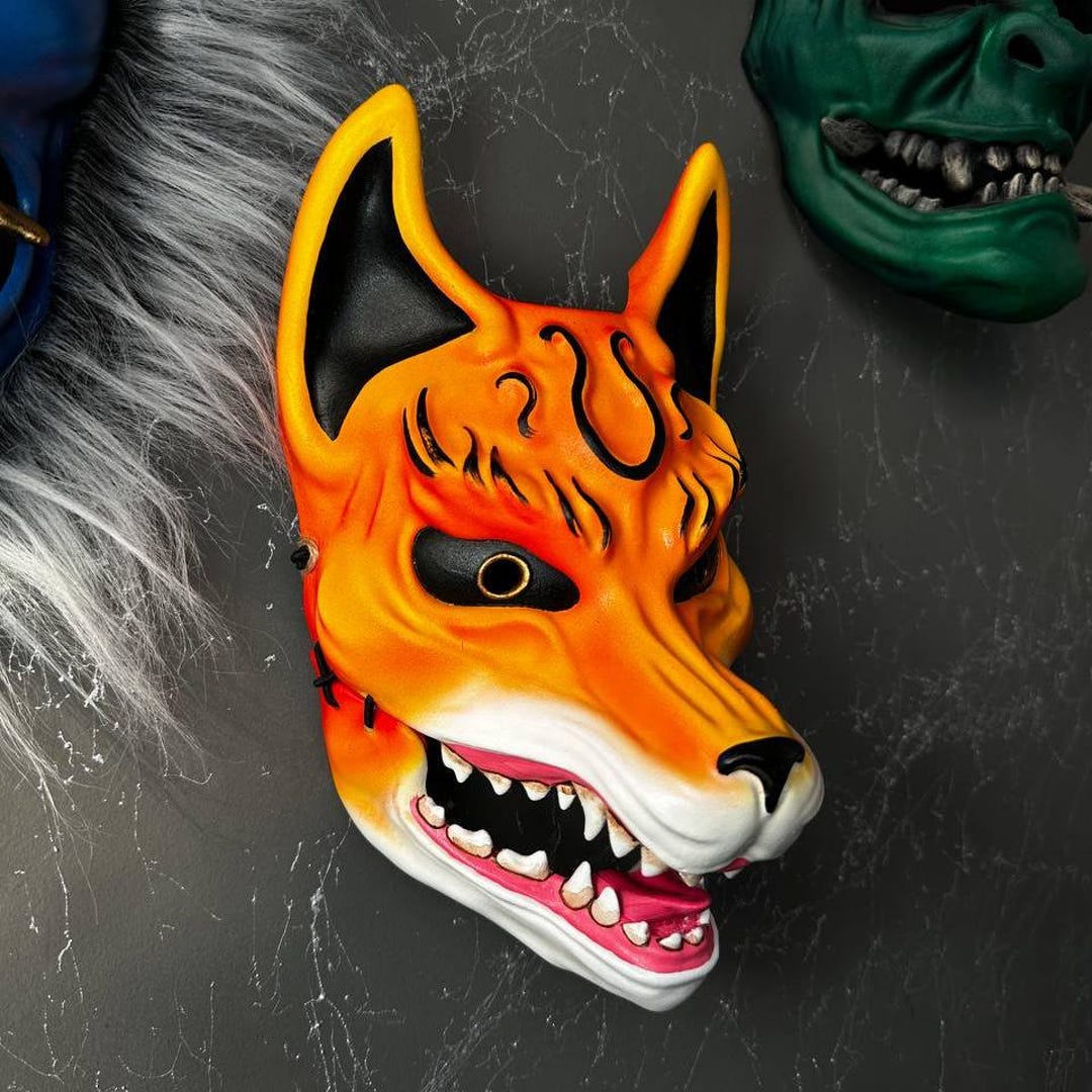 Japanese Kitsune Mask Kurama Full Face Mask, Japanese Fox Mask, Wolf ...