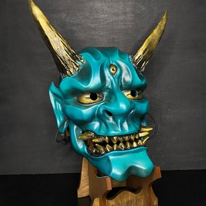 Japanese Oni Mask: Gold and Teal, Wearable Japanese Hannya Mask ...