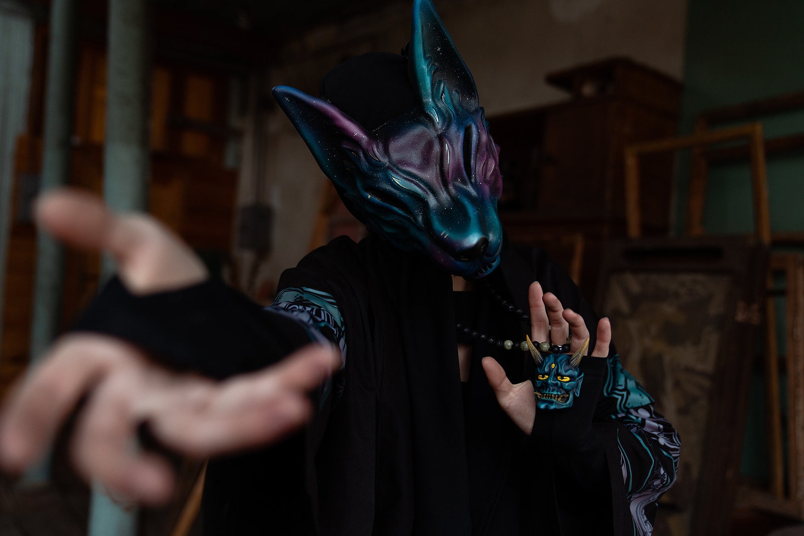 Japanese Kitsune Mask - Purple and Blue Wolf Mask Wearable, Japan Fox ...