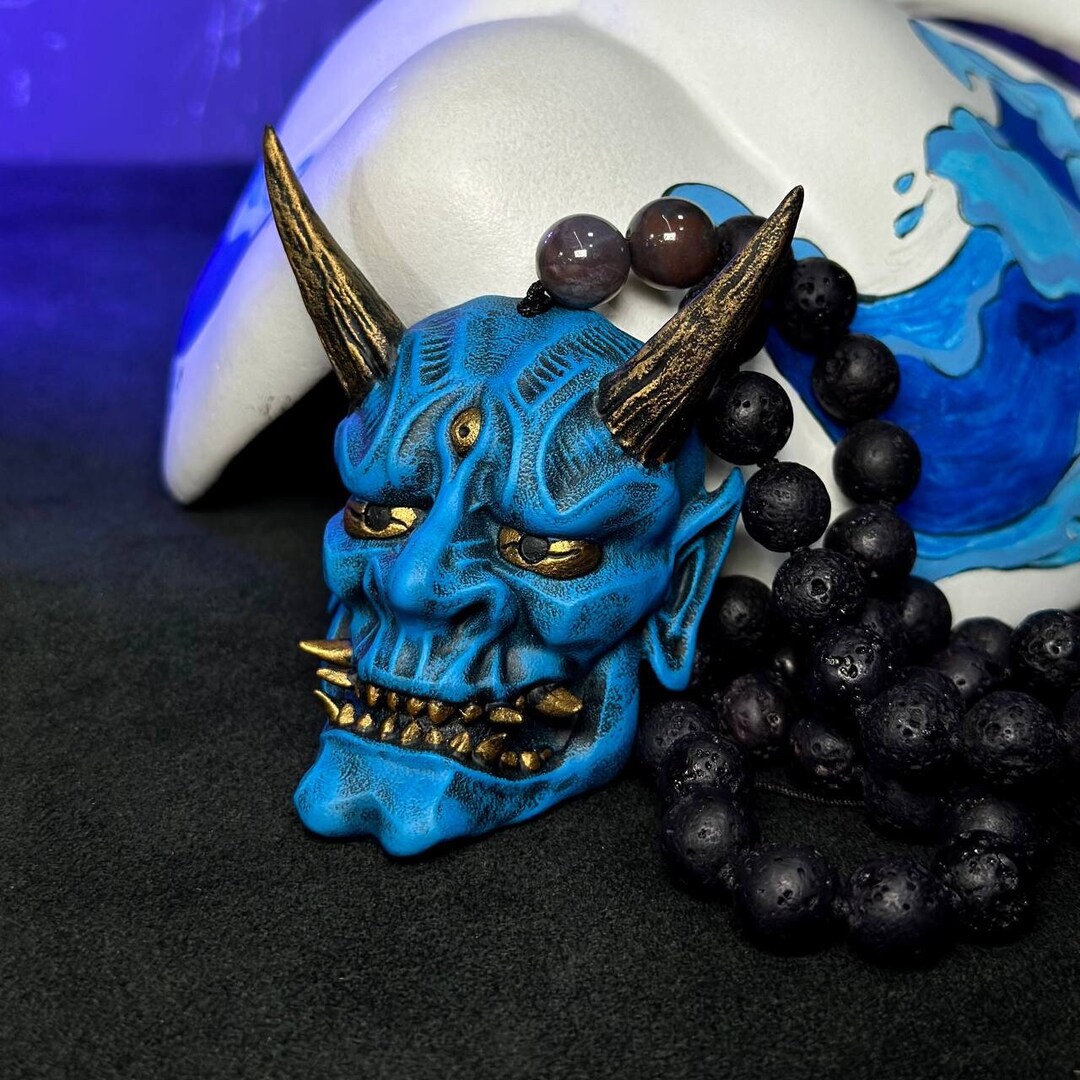 Oni Mask Necklace, Small Japanese Oni Mask With Beads, Japanese Devil ...