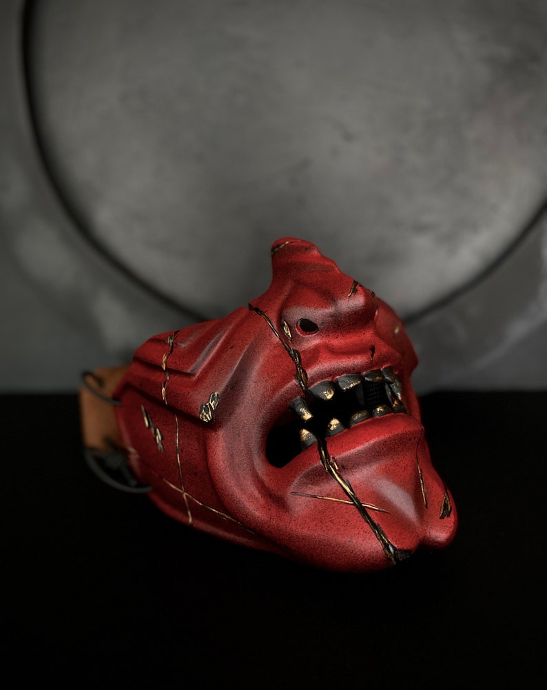 Samurai Oni Half Mask, Damaged Red Mempo Mask, Japanese Mempo, Japanese ...