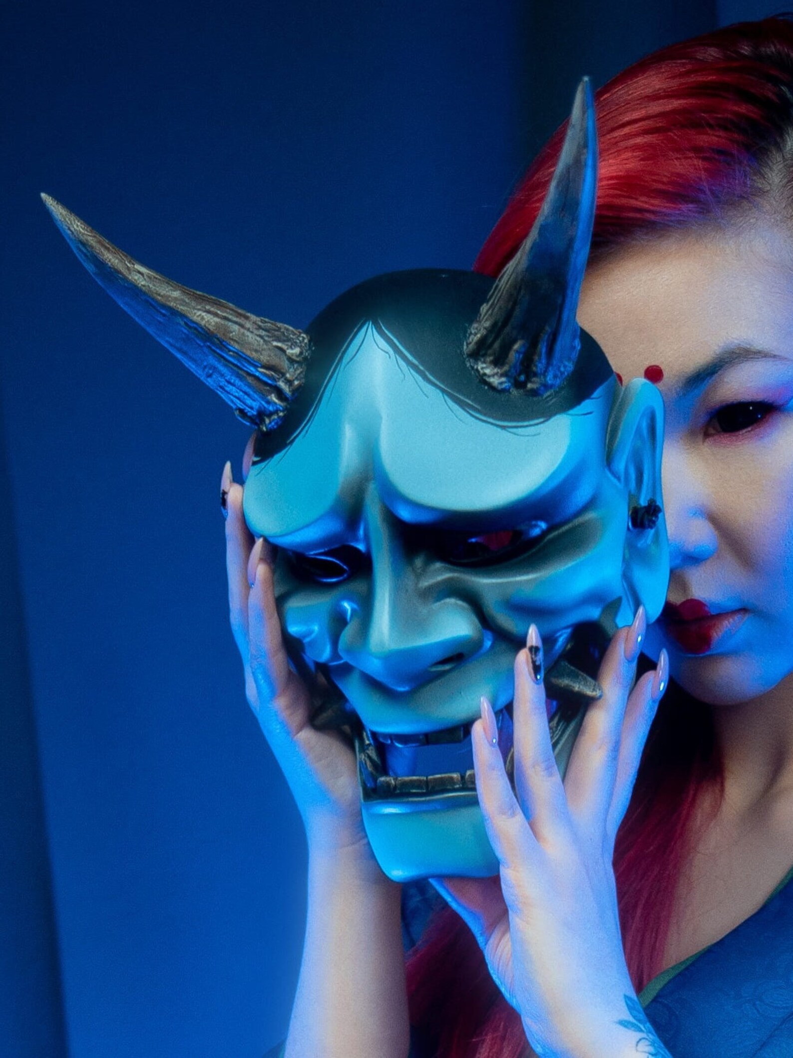 Blue Hannya Mask, Made to ORDER, Demon Mask, Ninja Kabuki, Blue Oni ...