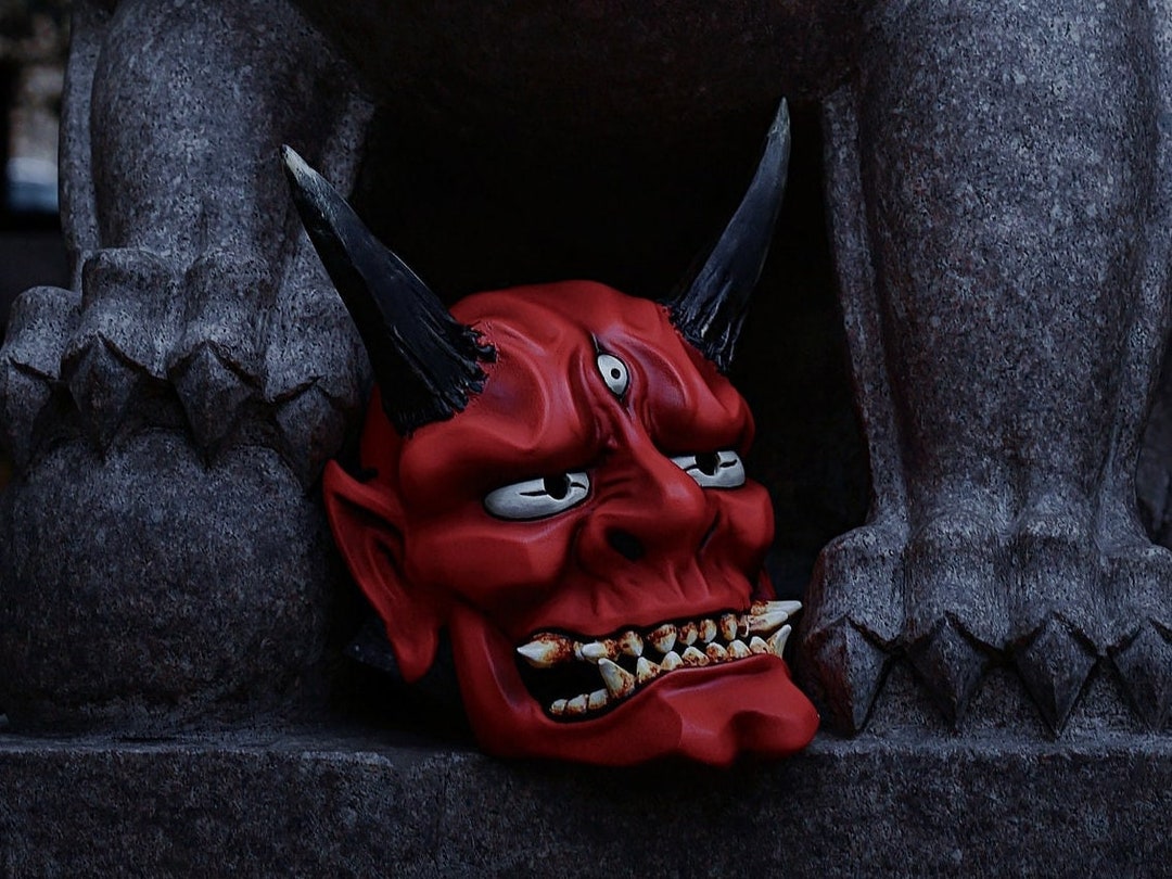 Japanese Red Oni Mask, Samurai Mask, Wall Hannya Mask, Oni Mask Wear ...