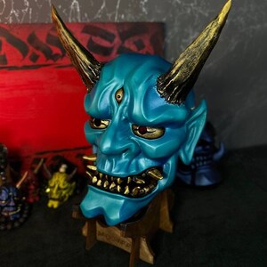 Japanese Oni Mask: Gold and Teal, Wearable Japanese Hannya Mask ...