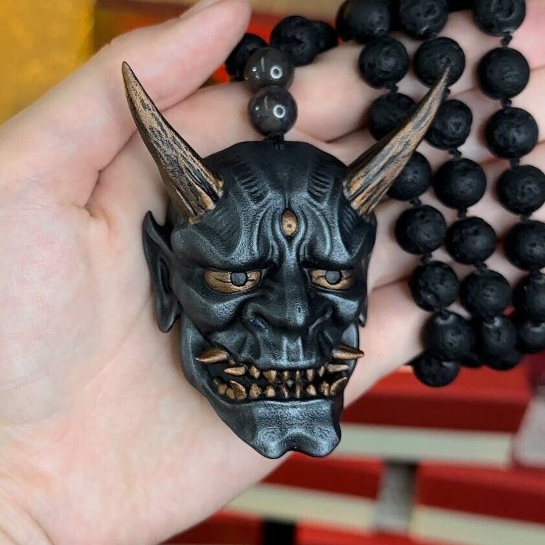 Black Oni Mask Pendant Necklaces, Small Japanese Oni With Beads ...