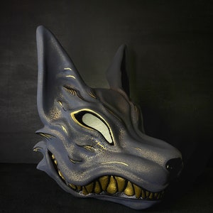 Black Japanese Kitsune Mask With Gold Craquelure, Kitsune Cosplay Mask ...