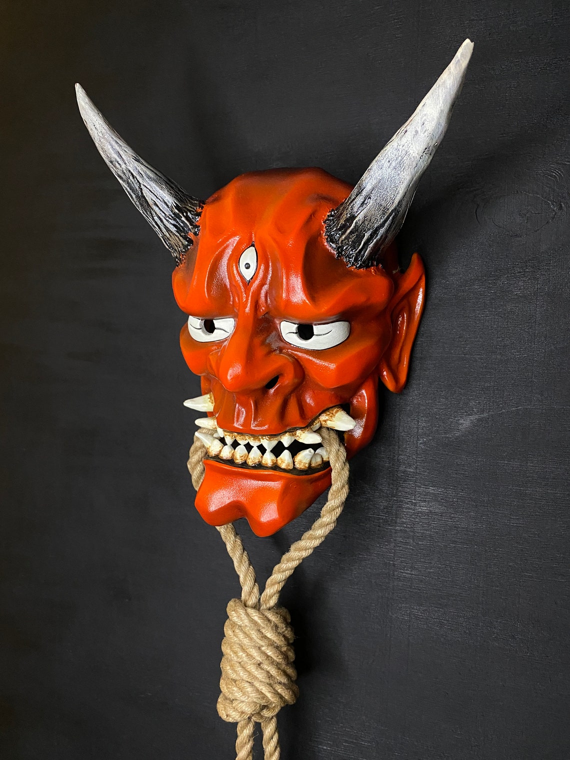 Japanese Oni Mask With Rope Red Oni Mask Decor Red Hannya - Etsy