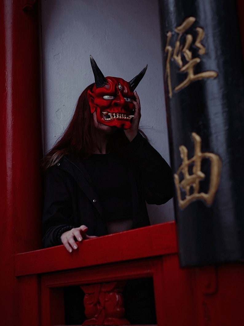 Japanese Red Oni Mask, Samurai Mask, Wall Hannya Mask, Oni Mask Wear ...