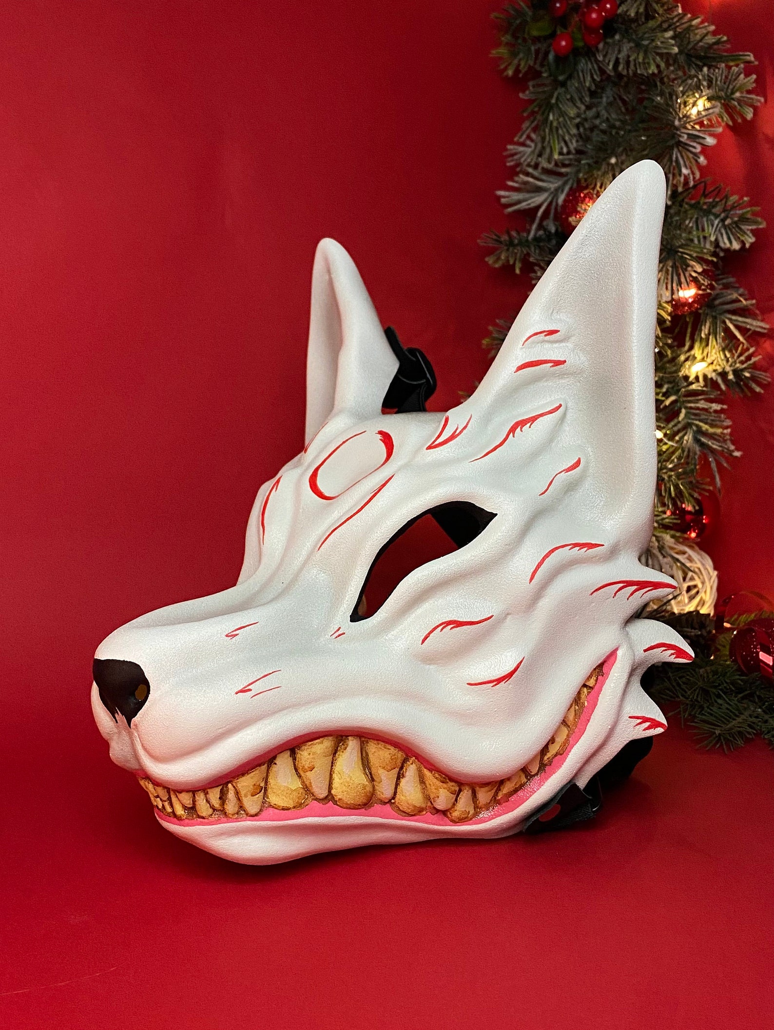 Japanese Kitsune Mask White and Red, Full Face Kitsune Mask, Japanese ...