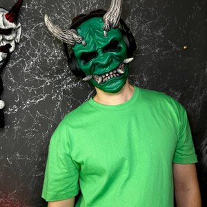 Japanese Oni Mask Green Wearable, Wall Decor Horror Oni Mask, Kabuki ...