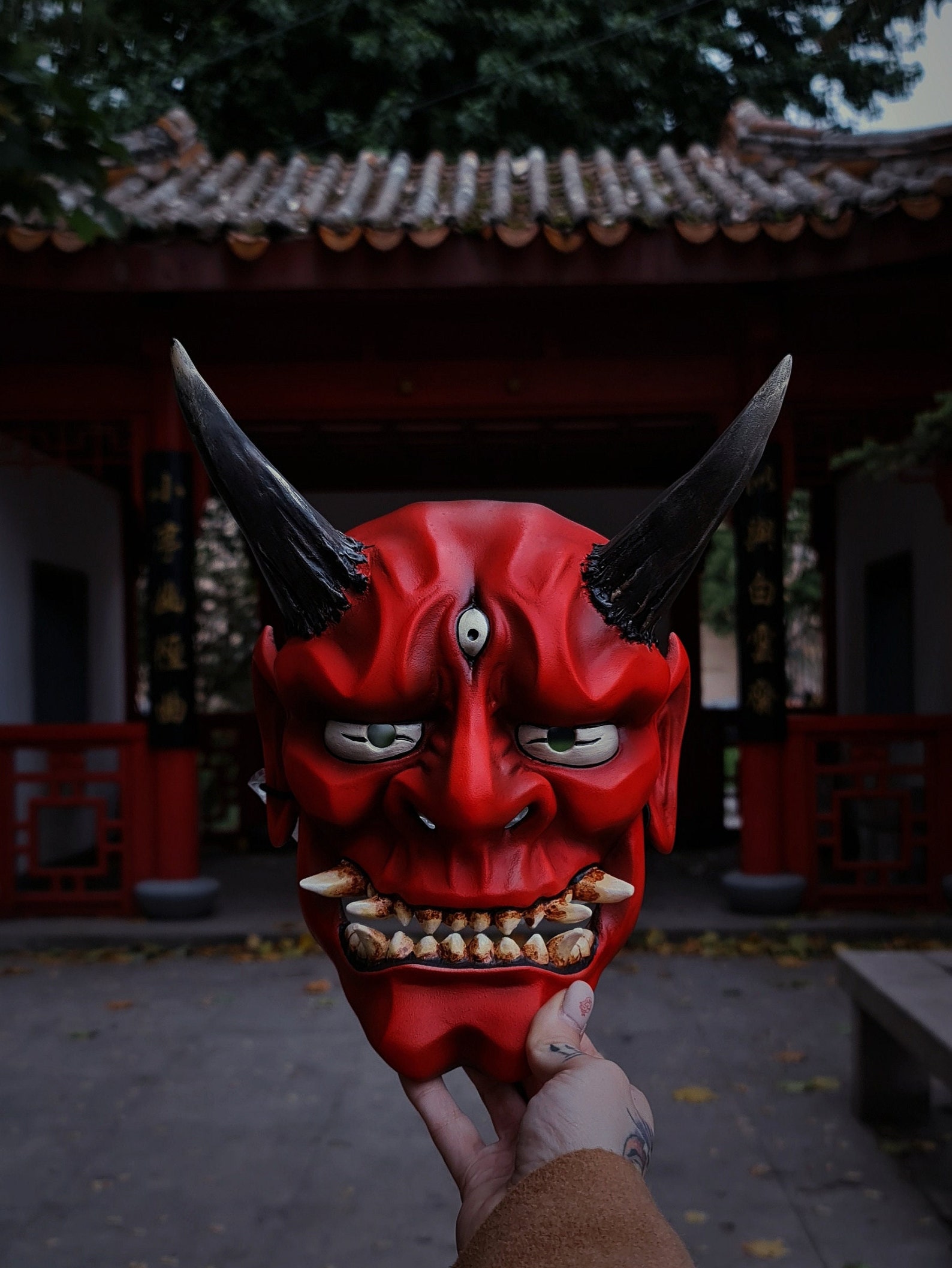 Japanese Red Oni Mask, Samurai Mask, Wall Hannya Mask, Oni Mask Wear ...