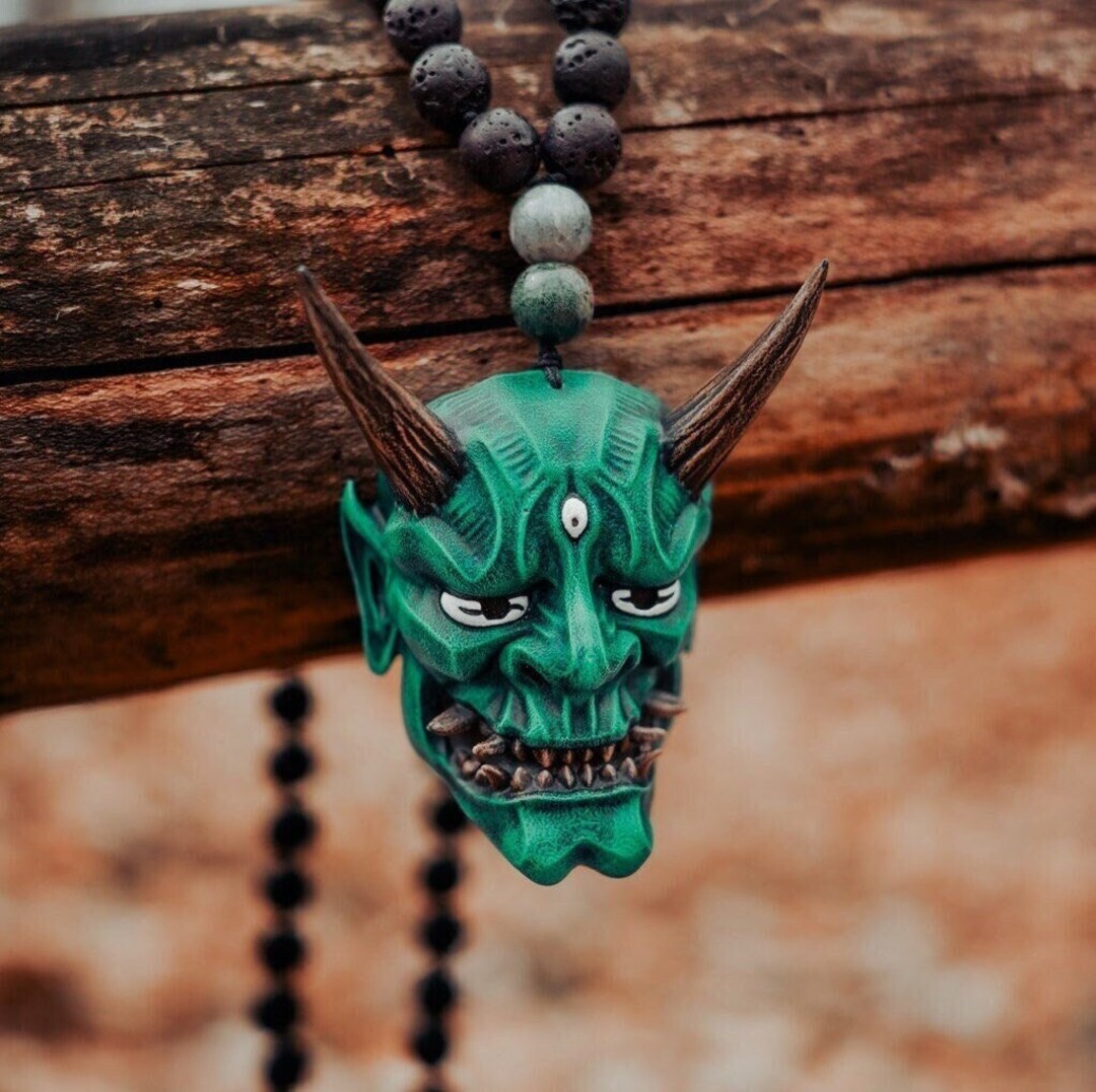Oni Mask Necklace, Small Japanese Oni Mask Pendant With Beads, Japanese ...