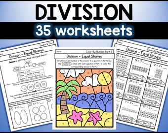 Beach Themed Division Color by Number Worksheets for 3rd Grade and 4th ...