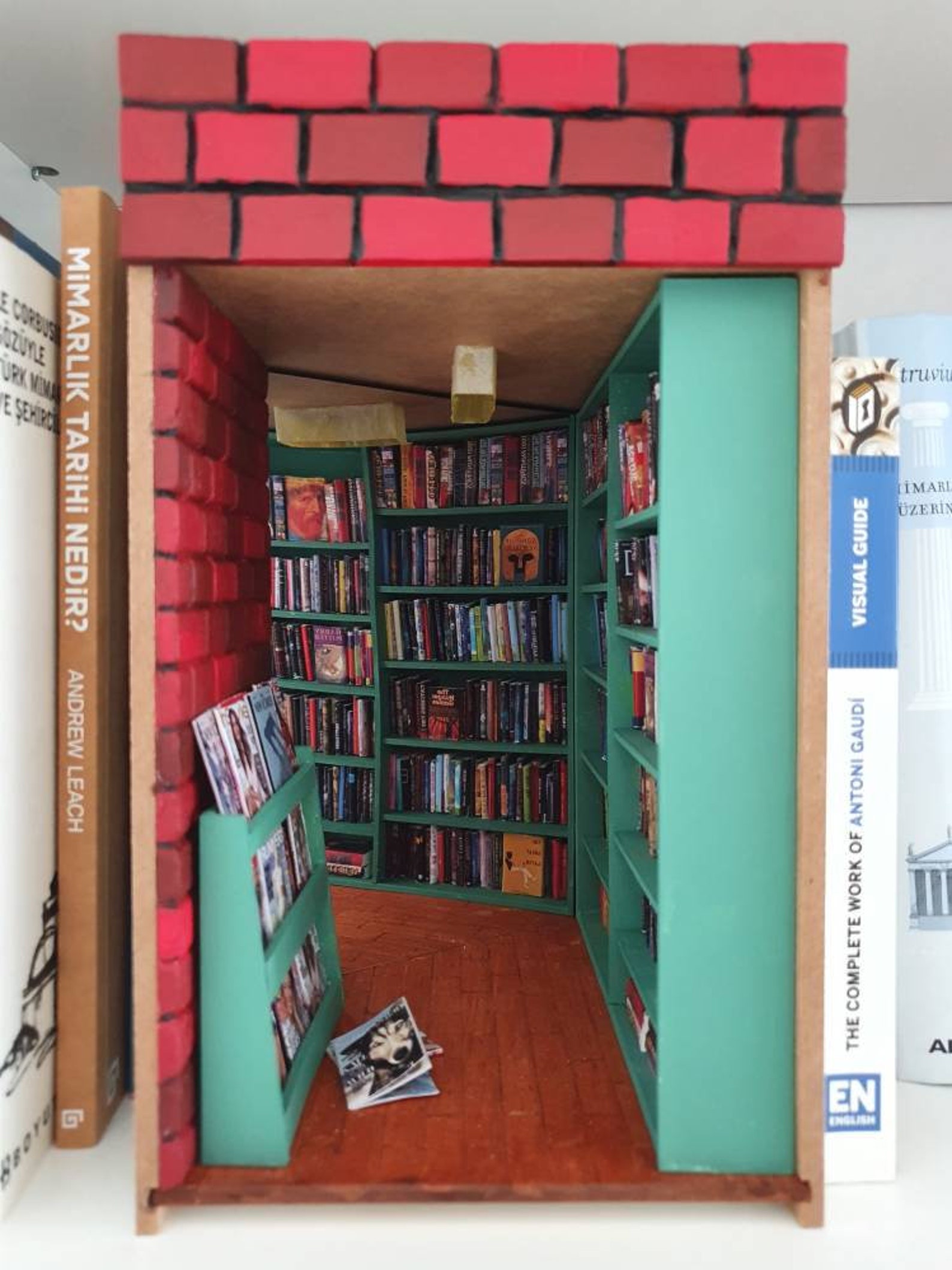 Book Nook Library Diorama With Green Bookcase Finished for - Etsy