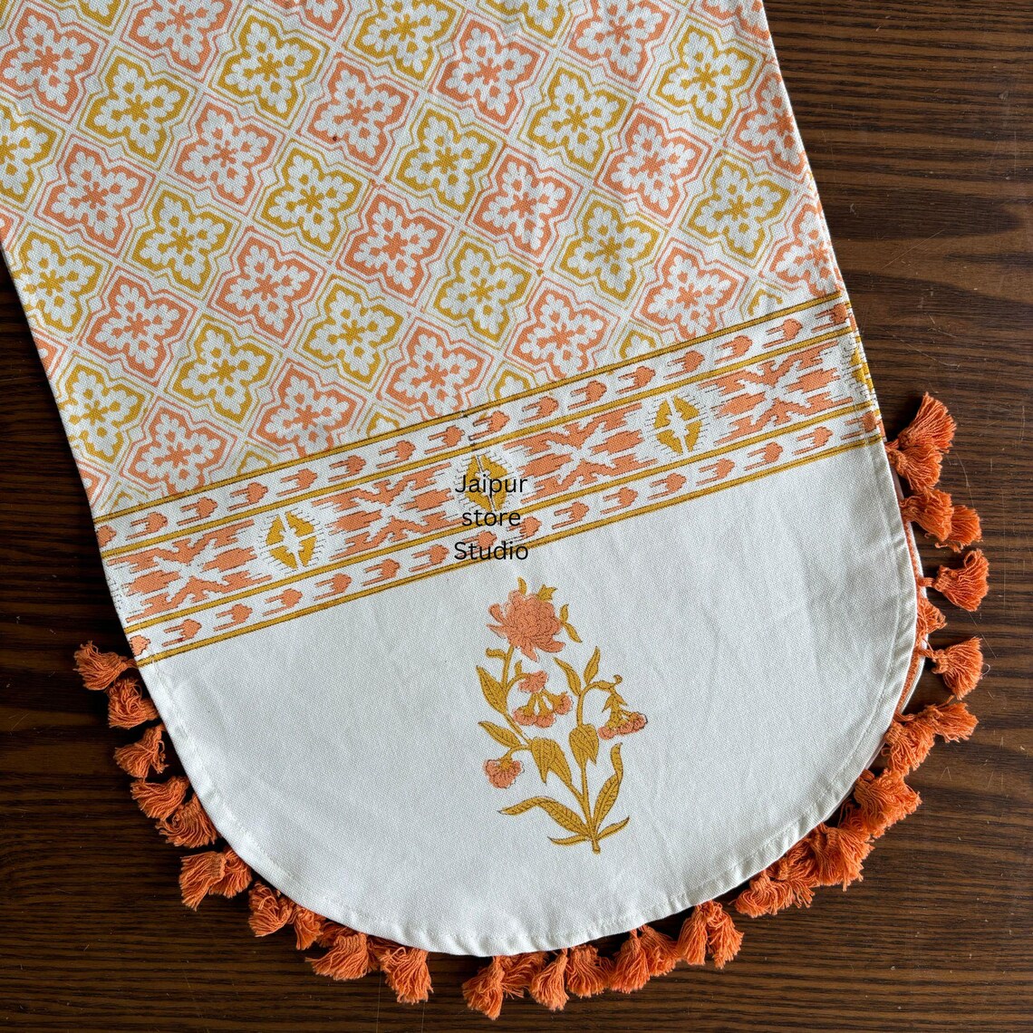 Block Pattern Table Runner With Orange Tassels, 100% Cotton, - Etsy