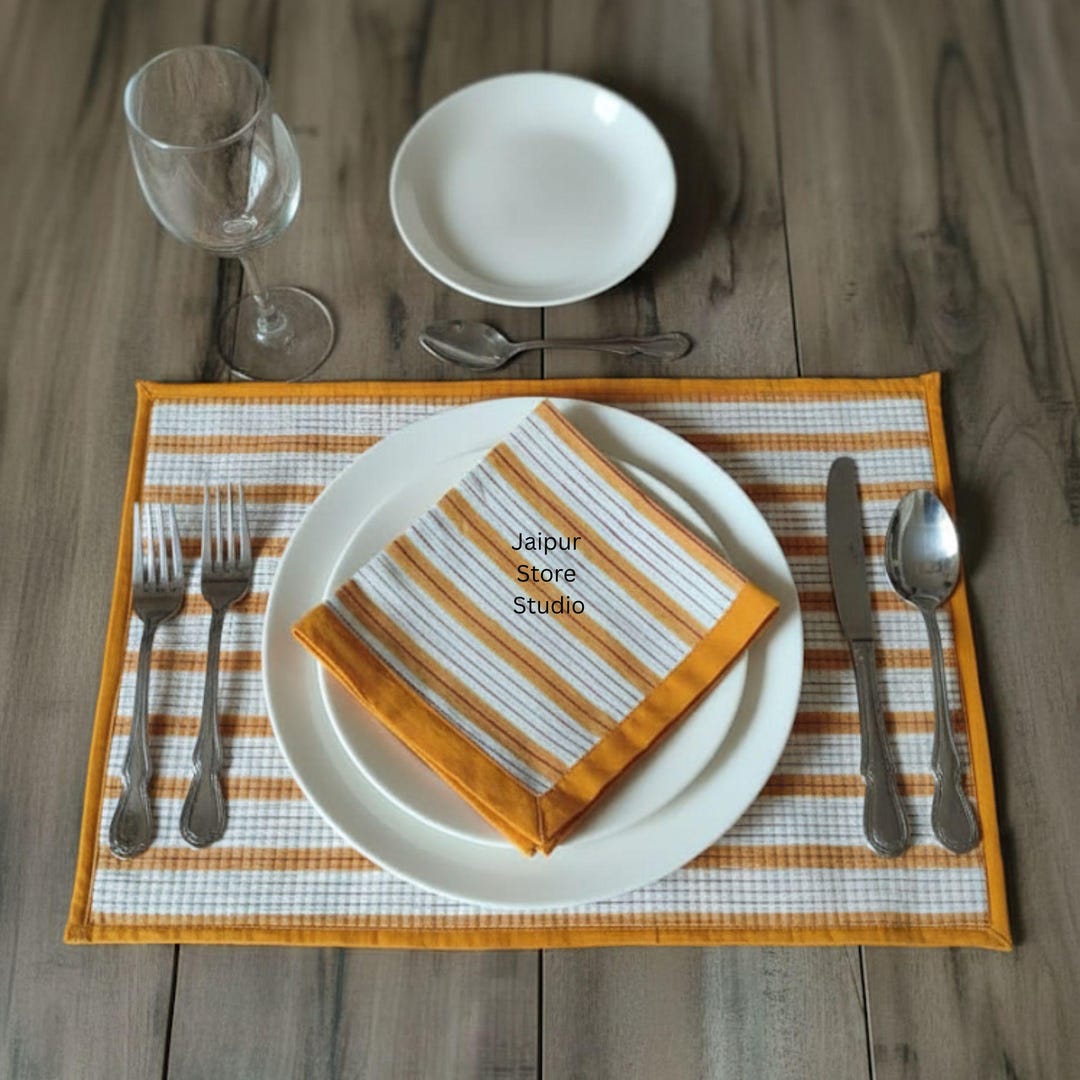 Hand Block Printed Cotton Placemat & Napkin Set: Floral Quilted Table ...