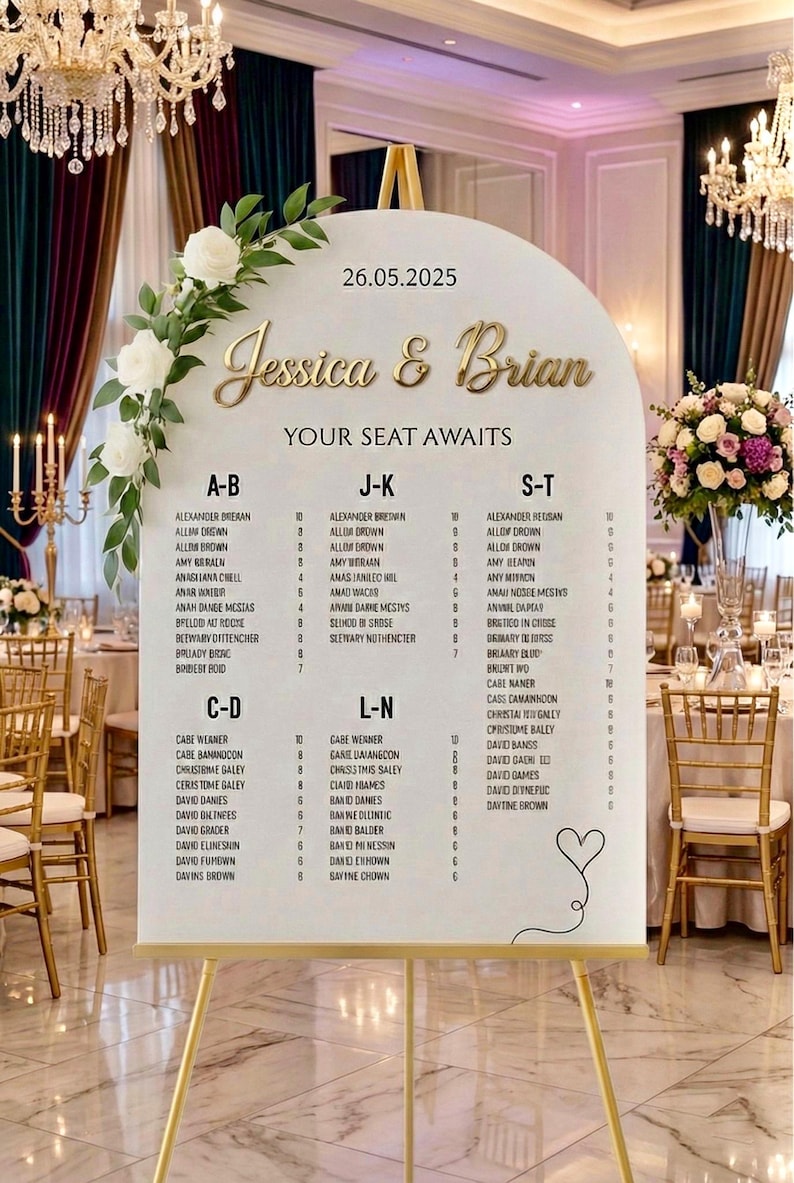 Plano de asientos para bodas, letrero acrílico "Encuentre su asiento ...