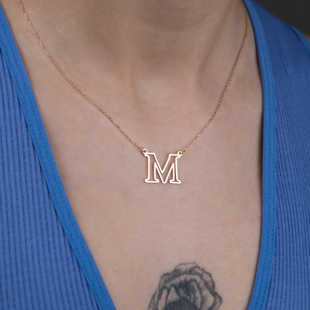 14K Gold Initial Necklace, Dainty Gold Big Letter Necklace ...